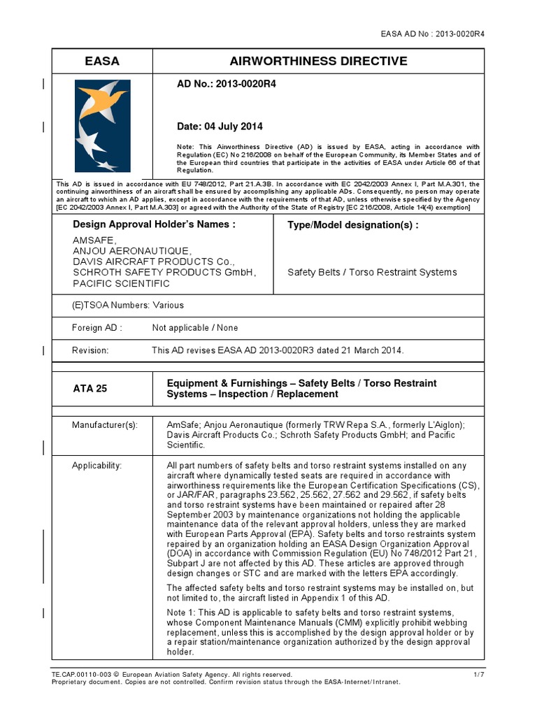 Easa Airworthiness Directive: AD No.: 2013-0020R4 | PDF | Aviation ...