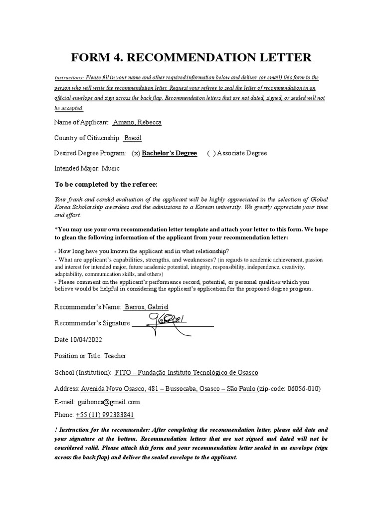 Form 4. Recommendation Letter - Rebecca Amano | Download Free PDF ...