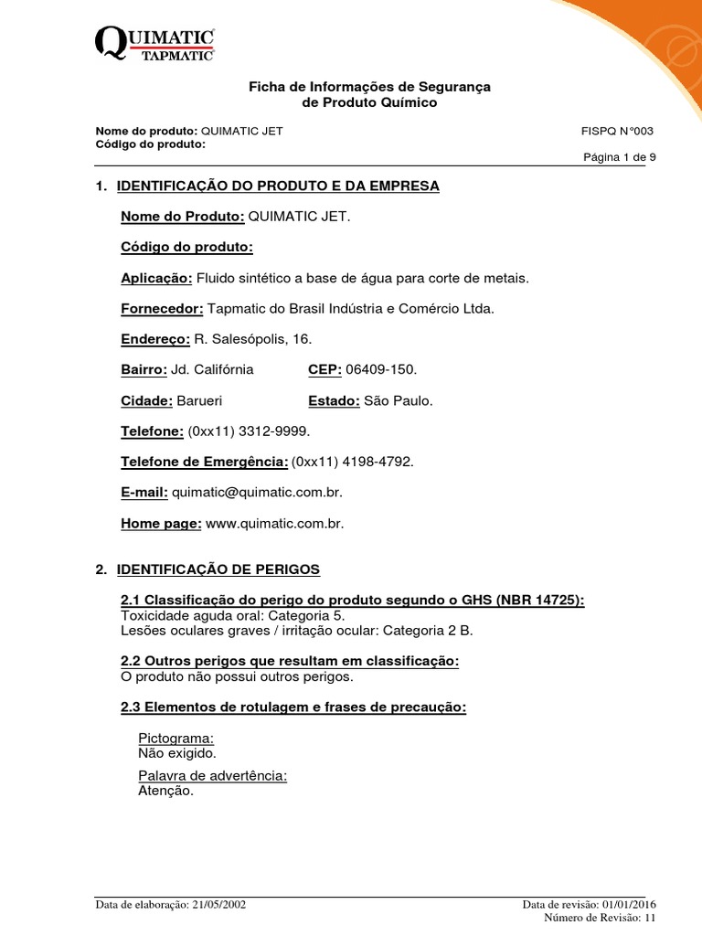 Fispq - Fluído para Corte Quimatic Jet | PDF | Embalagem e rotulagem ...