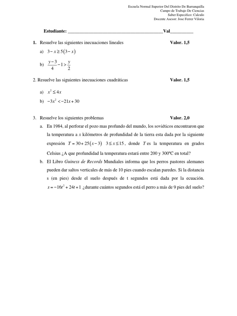 Eval - Inecuaciones Lineales y Cuadraticas | PDF