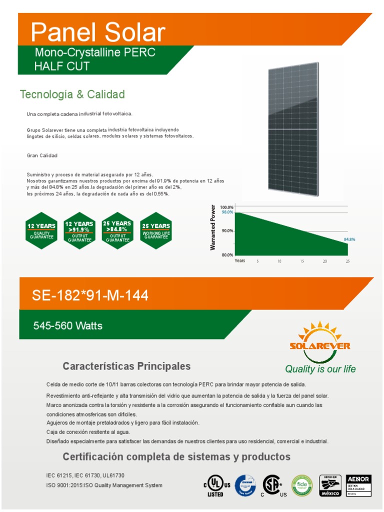Ficha Técnica Panel Solar 550W Solarever | PDF | Panel solar | Fotovoltaica