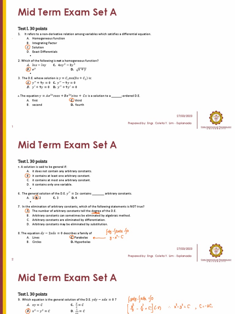 Math 237 Mid Term Exam Set A | PDF | Equations | Algebra