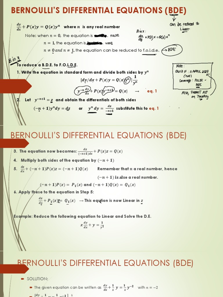Math 237 p02 - Bernoulli's Differential Equations (Bde) 4142023 | PDF | Equations | Mathematical ...