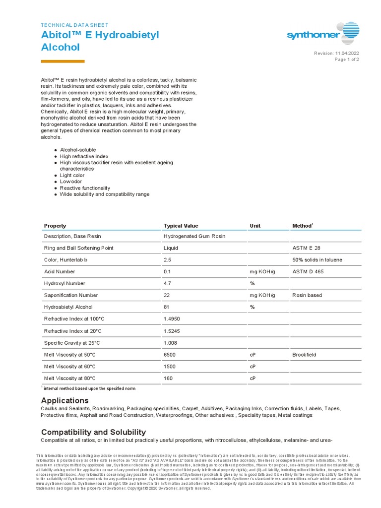 TDS Abitol E Hydroabietyl Alcohol | PDF | Resin | Ethanol