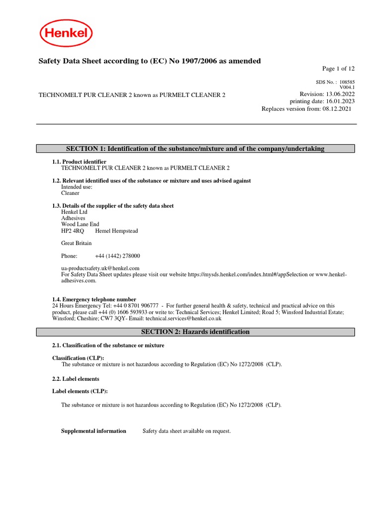 FISPQ Henkel - TECHNOMELT PUR CLEANER 2HKP - EN | PDF | Toxicity ...