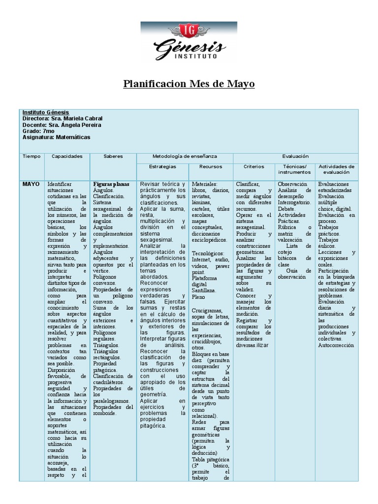 Planificacion Mes de Mayo 7mo Grado | PDF | Triángulo | Ángulo
