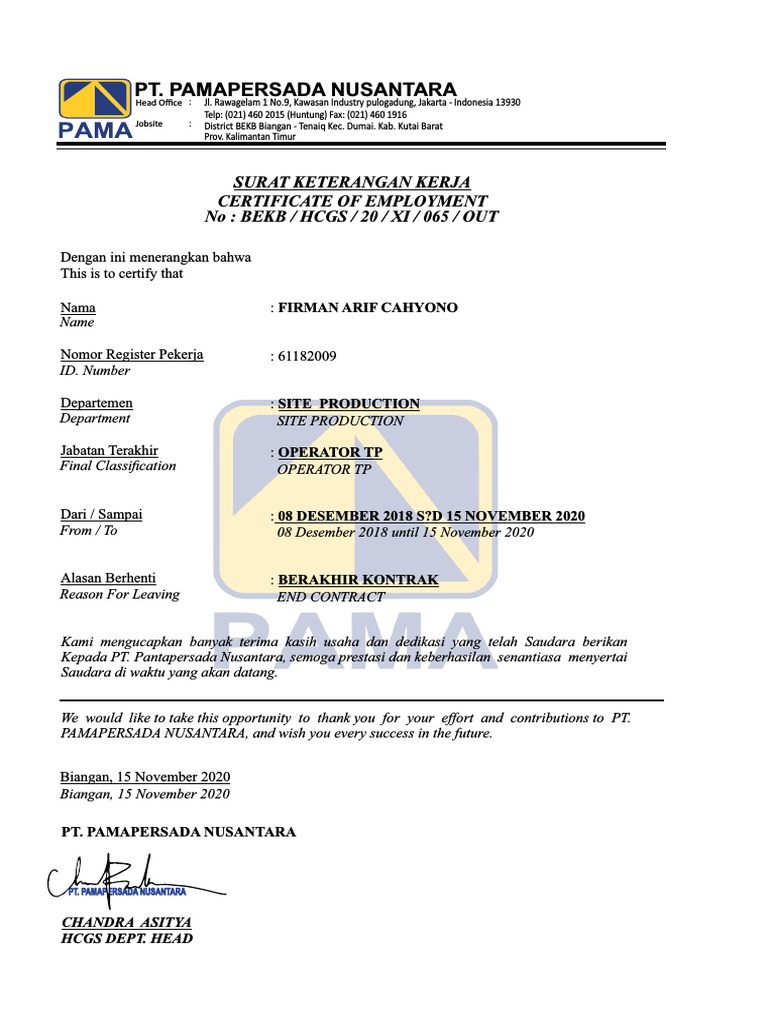 Paklaring Firman PT PAMA2 | PDF