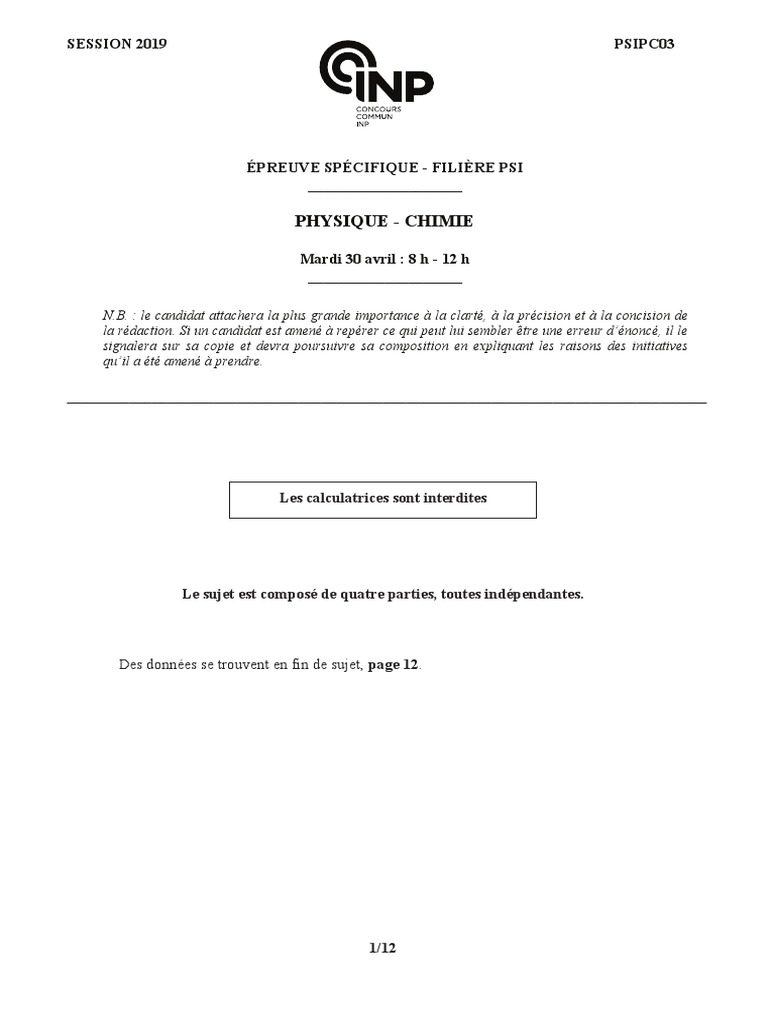 2019 Concours Commun INP Physique Chimie PSI Enonce 7 | PDF | Modulation de fréquence | Modulation