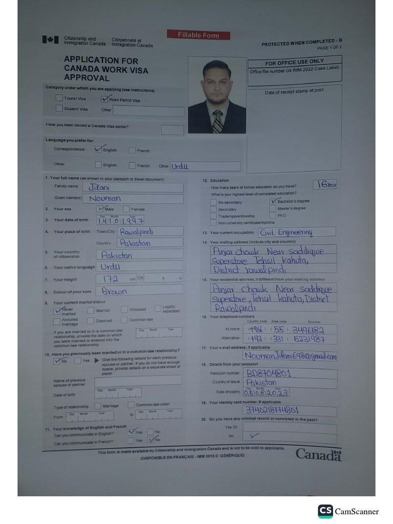 Application For Canada Work Visa Approval | PDF