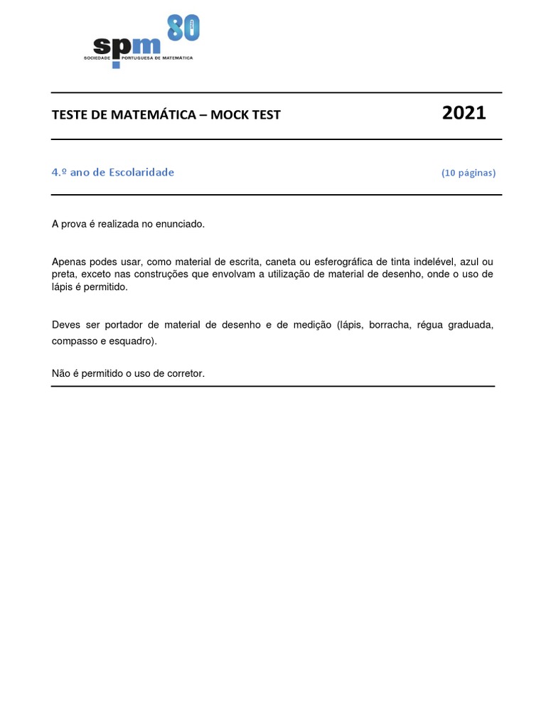 Mock Teste de Matemática 4º Ano 2021 | PDF | Matemática