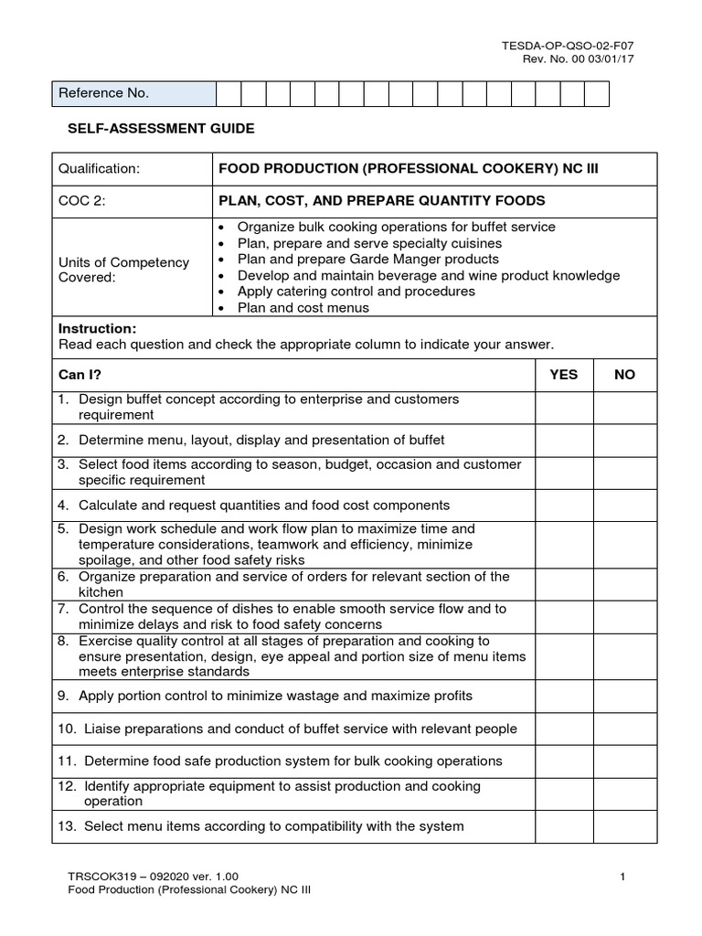 SAG - Food Production (Professional Cookery) NC III (COC 2) | PDF ...