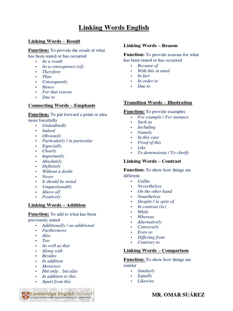 Linking Words English | PDF | Reason | Logic Linking Words English | PDF | Reason | Logic