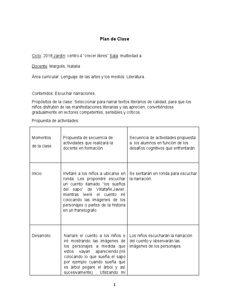 Plan de Clase Cuento - Los Sueños Del Sapo. Margolis | PDF | Narración | Cuentos
