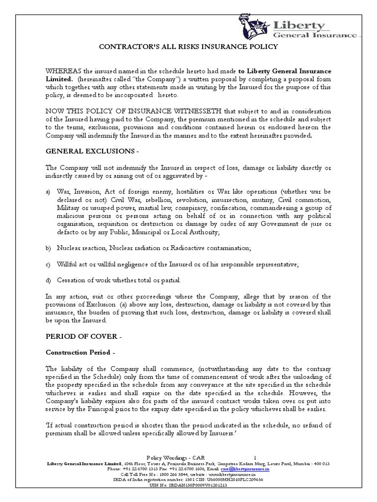 Contractor's All Risks Insurance Policy | PDF | Insurance | Indemnity