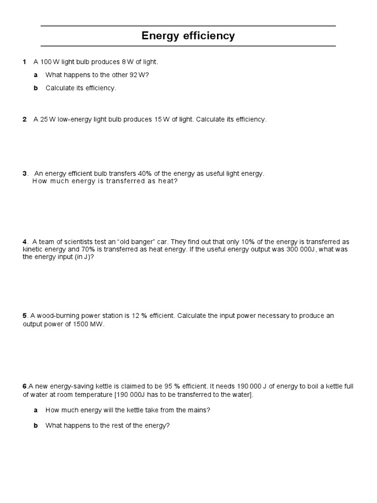 Energy Efficiency Worksheet and Answers | PDF