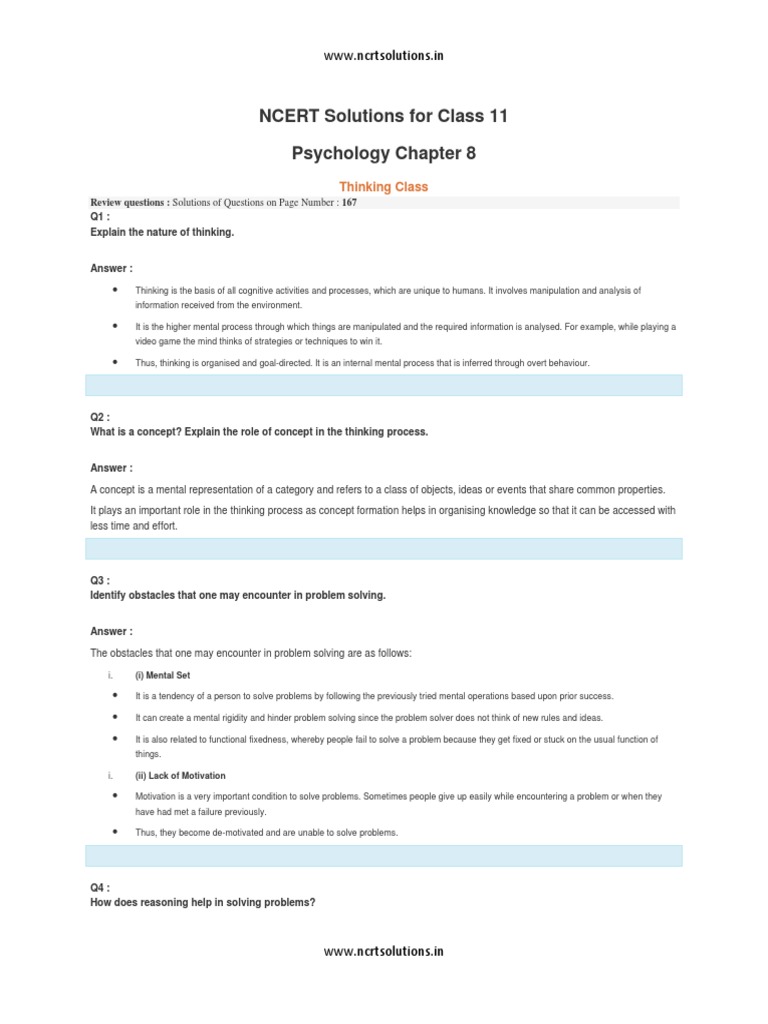 NCERT Solutions For Class 11 Psychology Chapter 8 | PDF | Thought | Reason