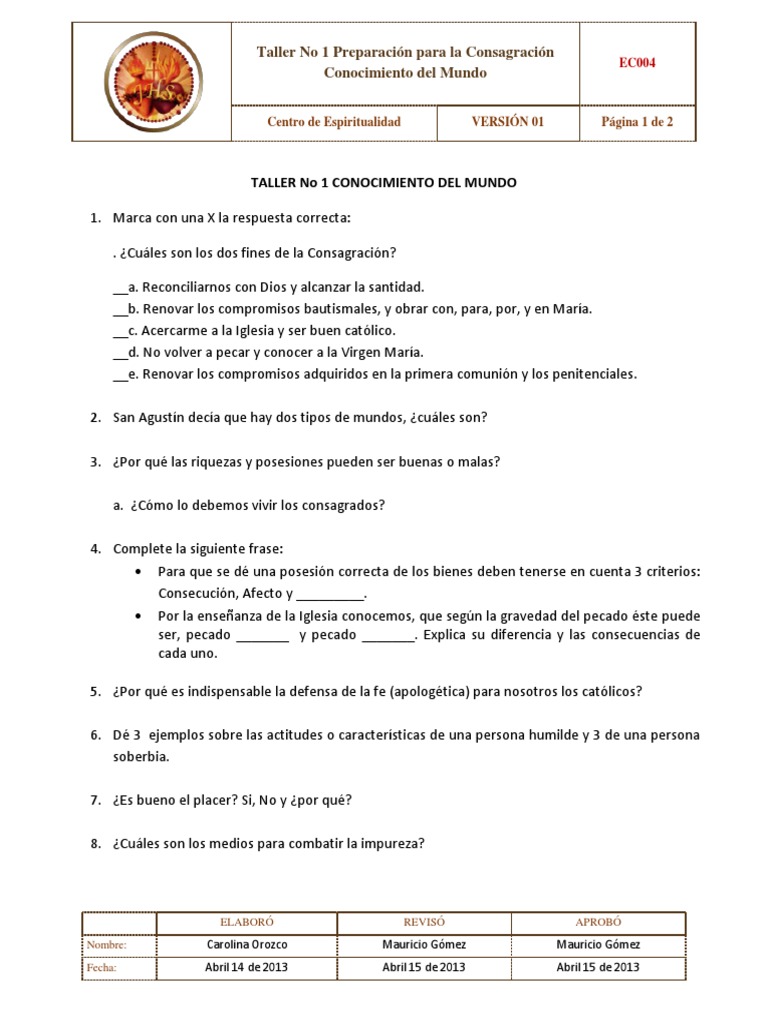 Taller Conocimiento Del Mundo | PDF | Pecado | María, madre de Jesús