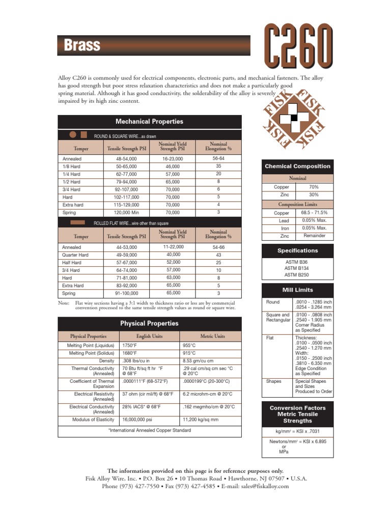 C260 Brass Material Properties Overview | PDF