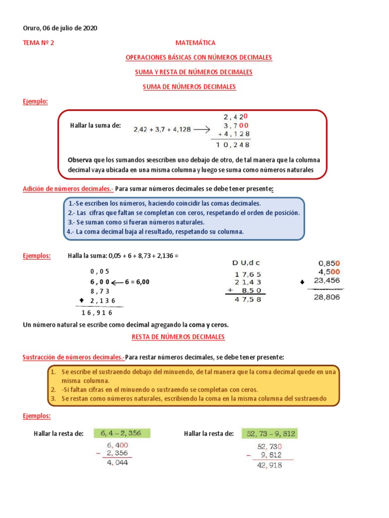 Tema #2 Operaciones Básicas Con Numeros Decimales | PDF
