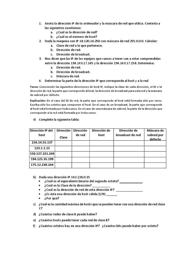Ejercicios direccionamiento | PDF | Dirección IP | Protocolos de capa de red