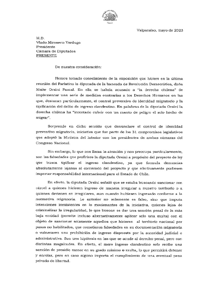 Carta Presidente Camara de Diputados | PDF
