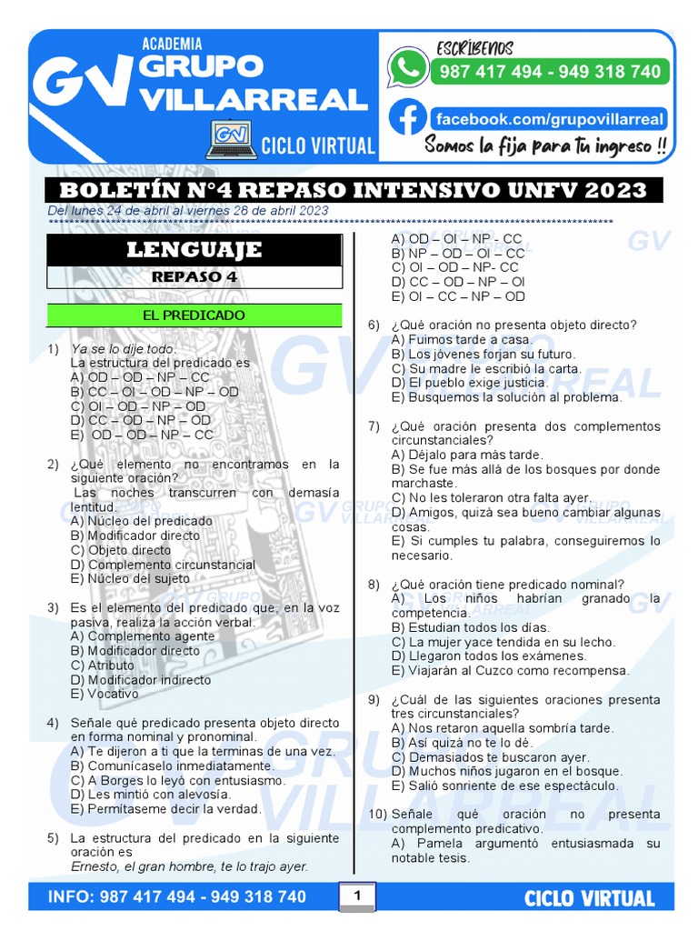 BOLETIN N°4 REPASO INTENSIVO 2045 | PDF | Oración (Lingüística) | Predicado (Gramática)