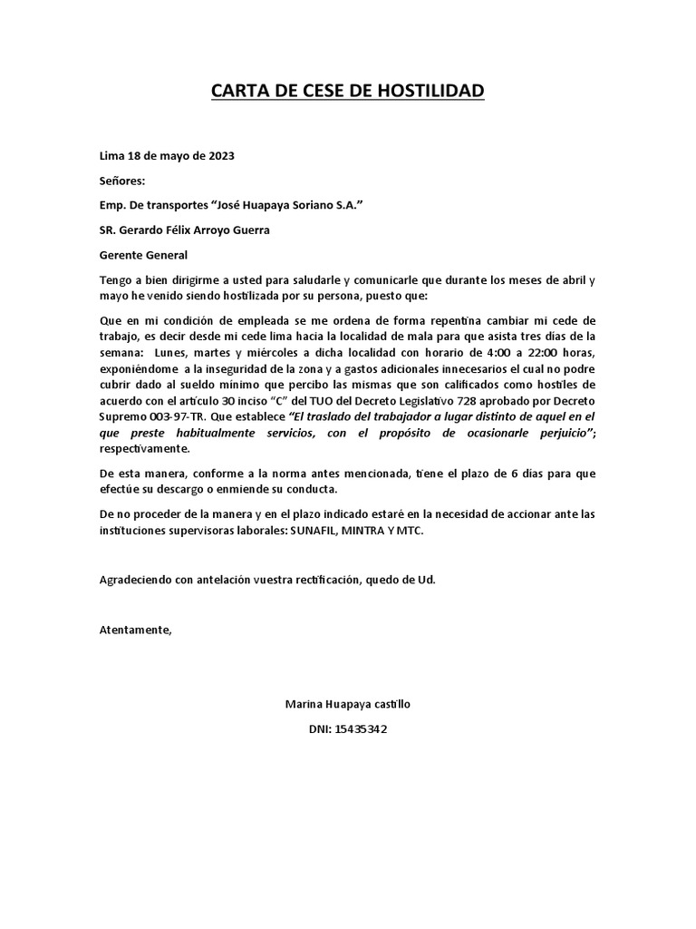 Carta de Cese de Hostilidad | PDF