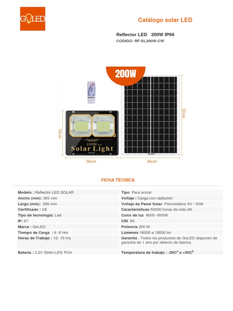 Ficha Tecnica Reflector de Luz LED de 200w Solar panelLED ...