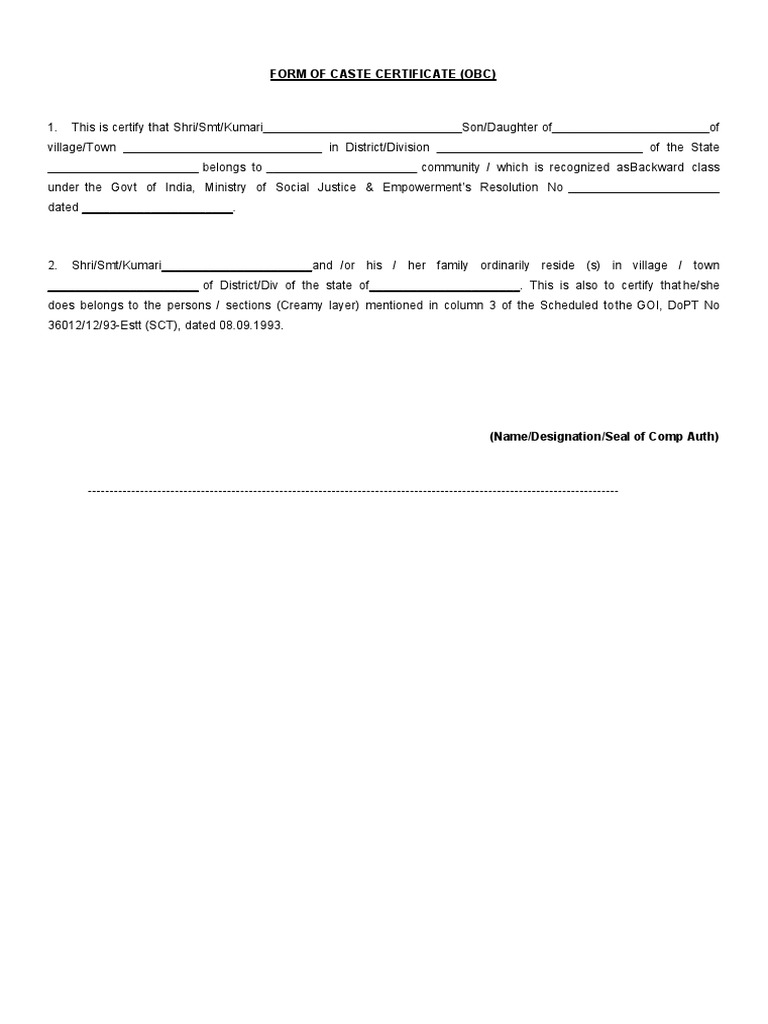 Form of Caste Certificate (Obc) | PDF
