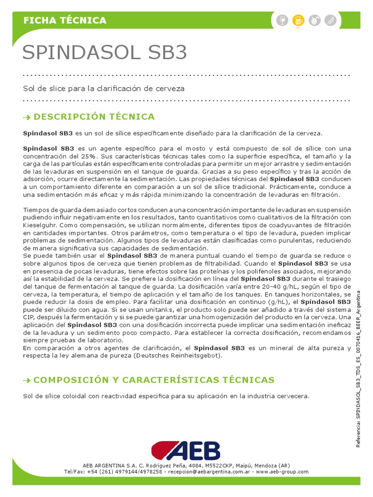 SPINDASOL SB3 TDS ES 0070416 BEER Argentina | PDF | Cerveza | Filtración