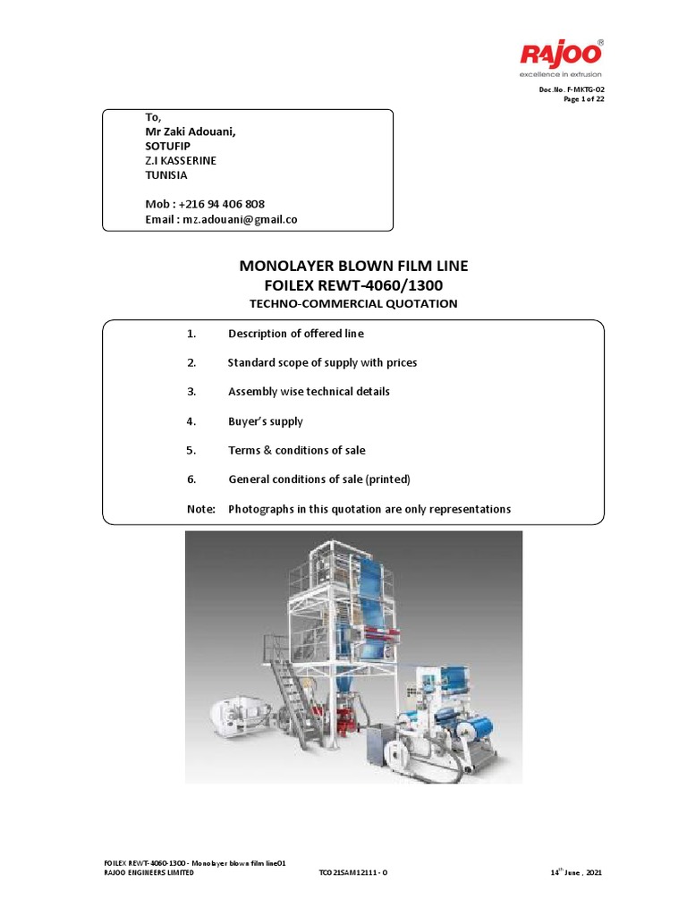 FOILEX REWT-4060-1300 - Monolayer Blown Film Line01 | PDF | Letter Of ...
