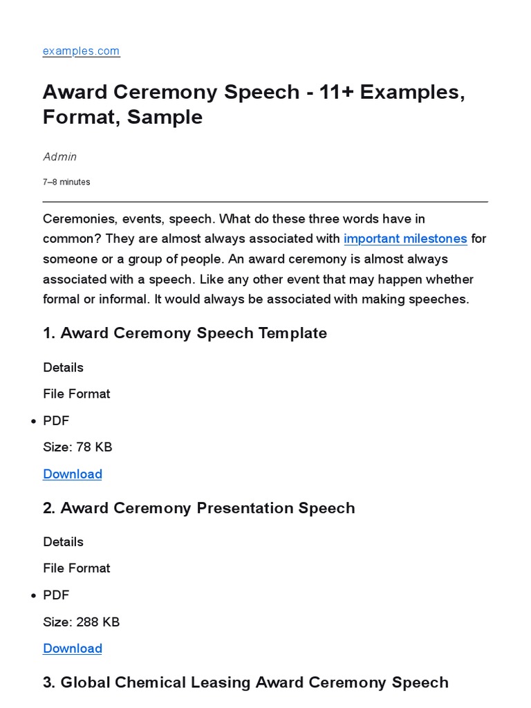 Award Ceremony Speech - 11+ Examples, Format, Sample Examples | PDF ...