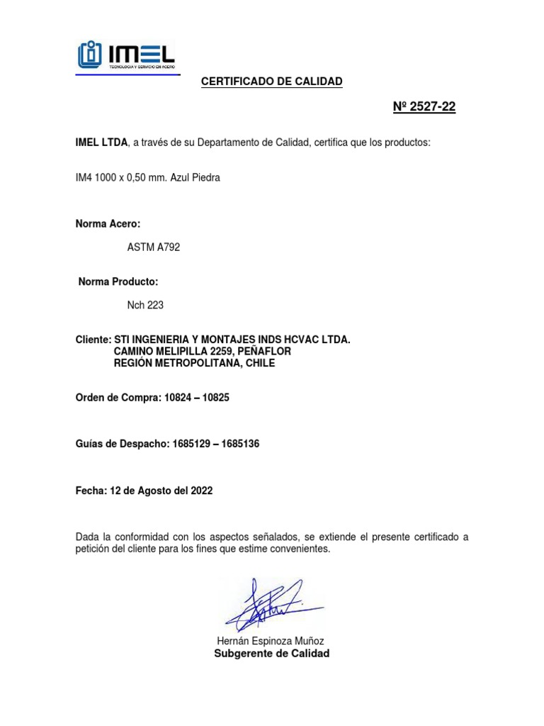 Certificado de Calidad: IM4 1000 X 0,50 Mm. Azul Piedra | PDF | Tecnología