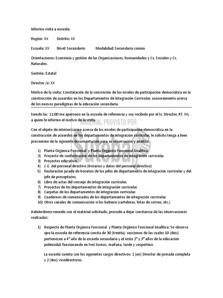 Ejemplo Informe Visita A Escuela | PDF | Enseñando | Inclusión (Educación)