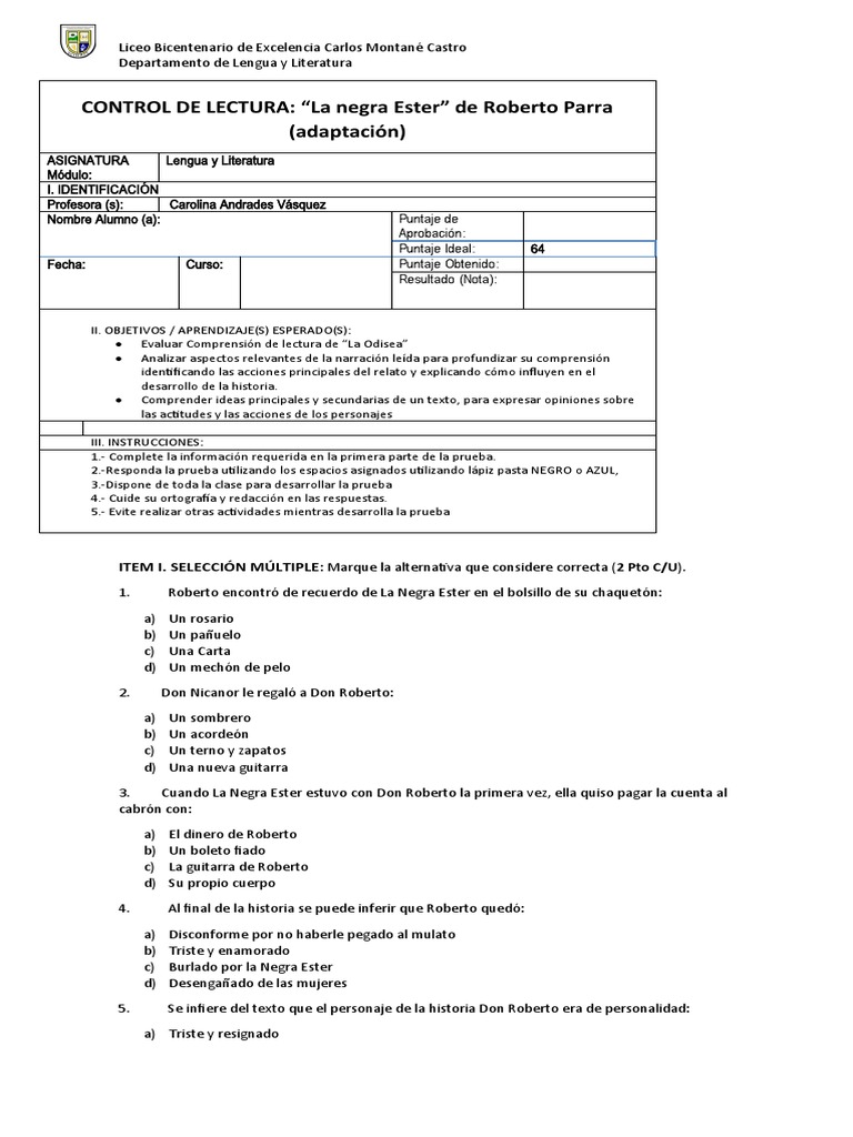 Control de Lectura La Negra Ester | PDF