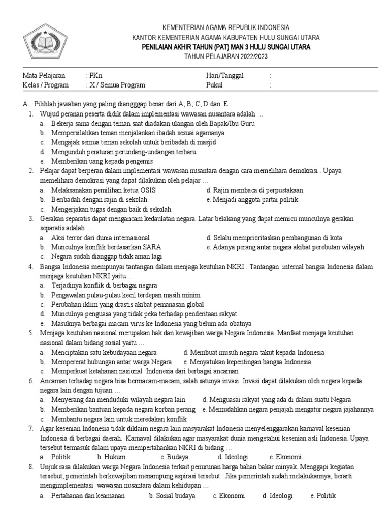 PKN X TP 2022 2023 | PDF | Ilmu Sosial