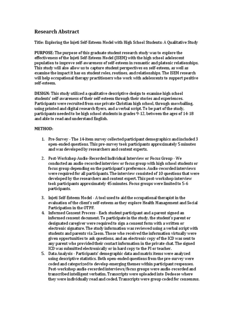 Research Abstract | PDF | Self Esteem | Focus Group
