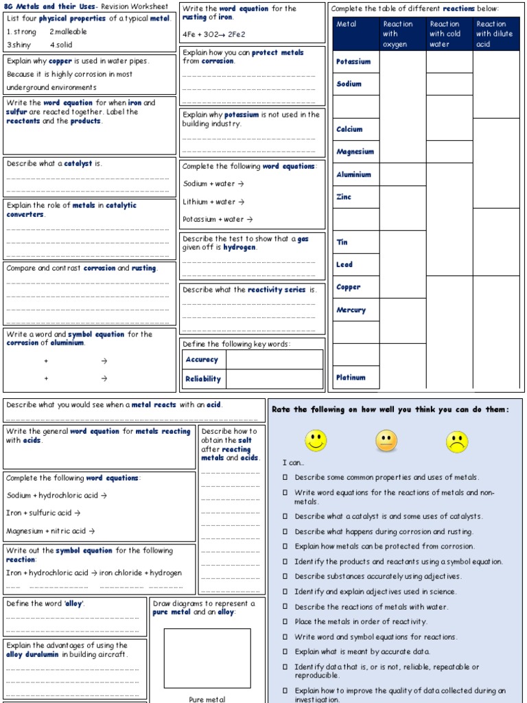 8G Revision Worksheet | PDF | Chemical Reactions | Metals