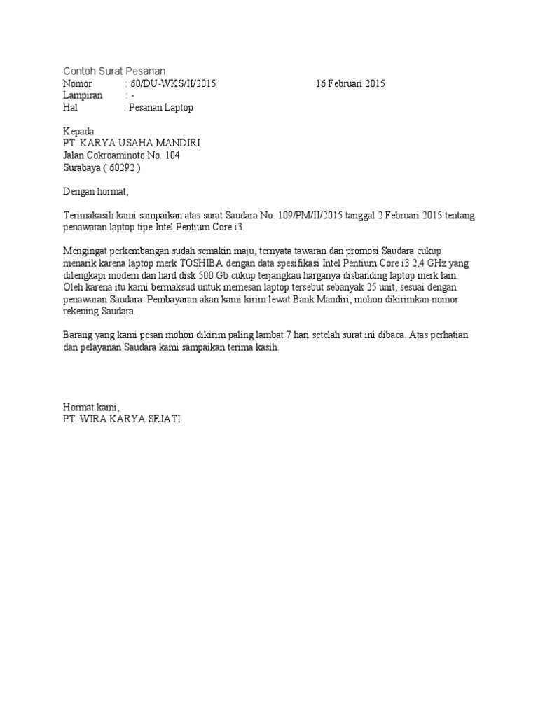 Contoh Surat Pesanan Laptop | PDF | Bisnis | Komputer