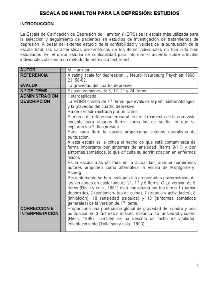 Escala de Hamilton para La Depresión | PDF | Depresión (estado de ánimo) | Alfa de Cronbach