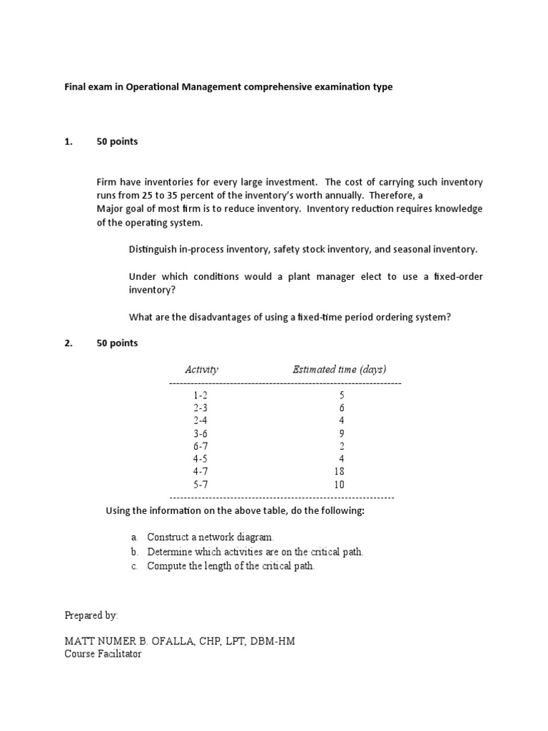 Final Exam in Operational Management Compre Type | PDF