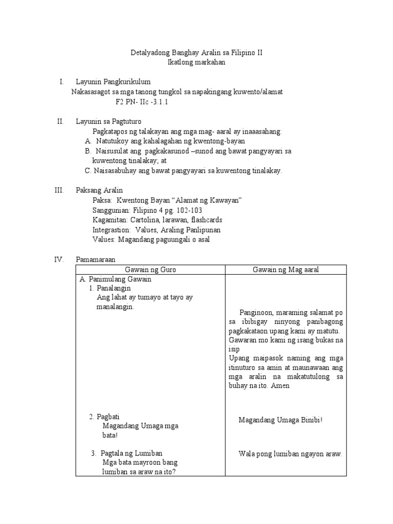 Detalyadong Banghay Aralin Sa Filipino II | PDF