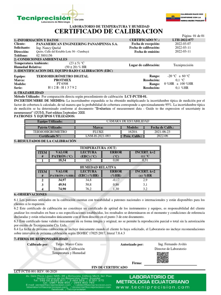 Certificado de Calibración PT6508 | PDF | Calibración | Exactitud y ...