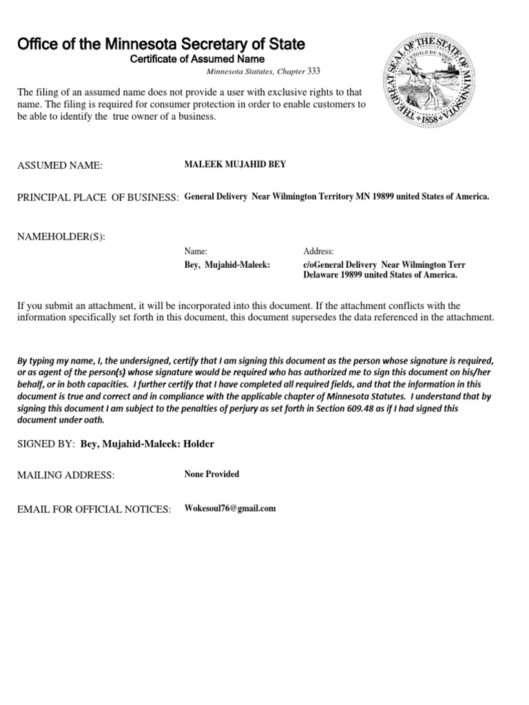 Minnesota Assumed Name Certificate | PDF | Law