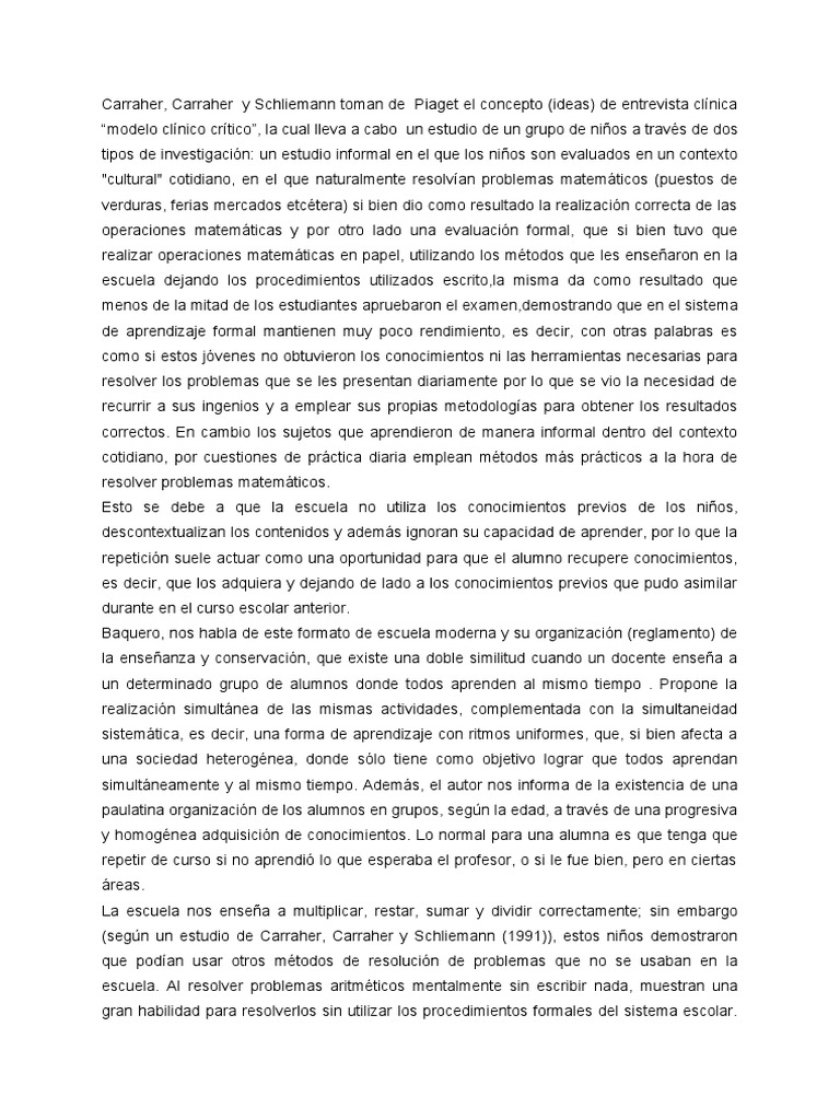 Carraher, Carraher y Schliemann | PDF | Aprendizaje | Matemáticas