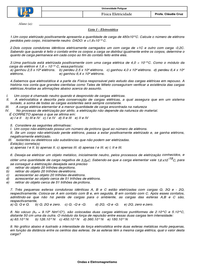 Lista de eletrostatica-Atualizada | PDF | Carga elétrica | Eletrostática