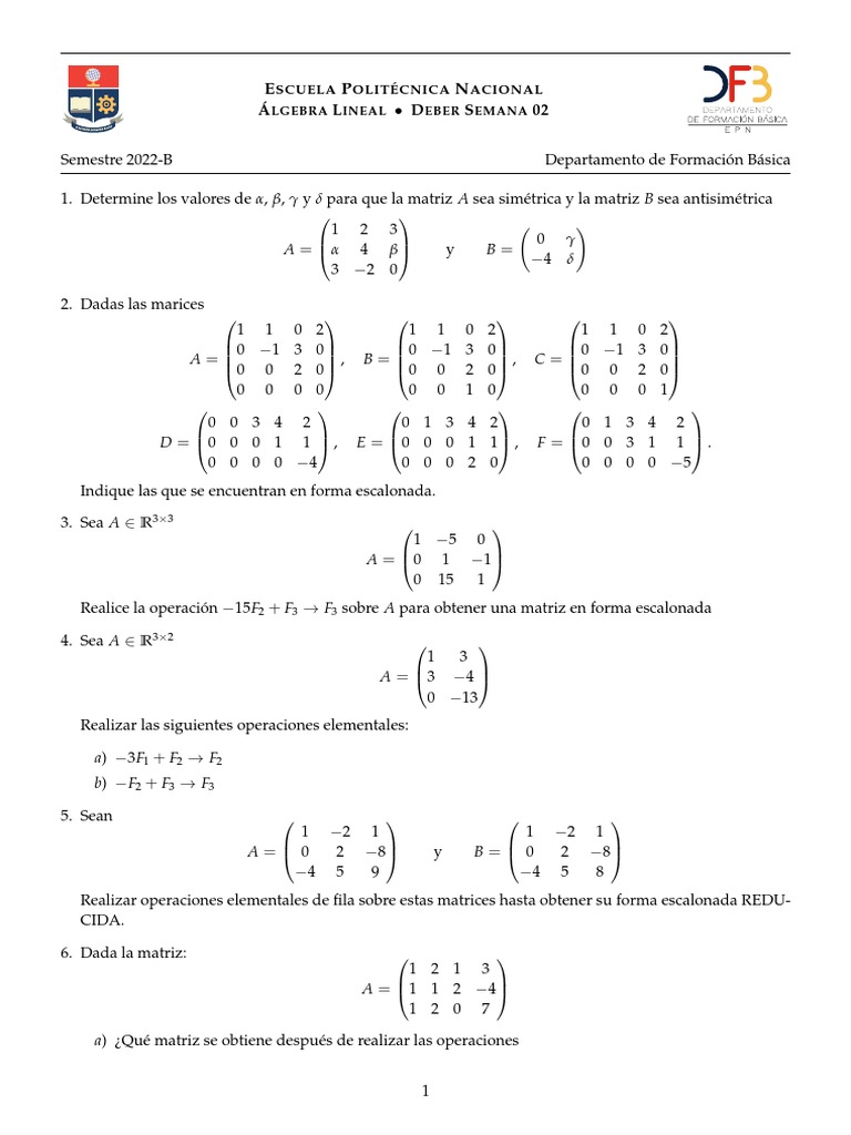 AL Semana 01 Deber 02 | PDF | Matriz (Matemáticas) | Álgebra