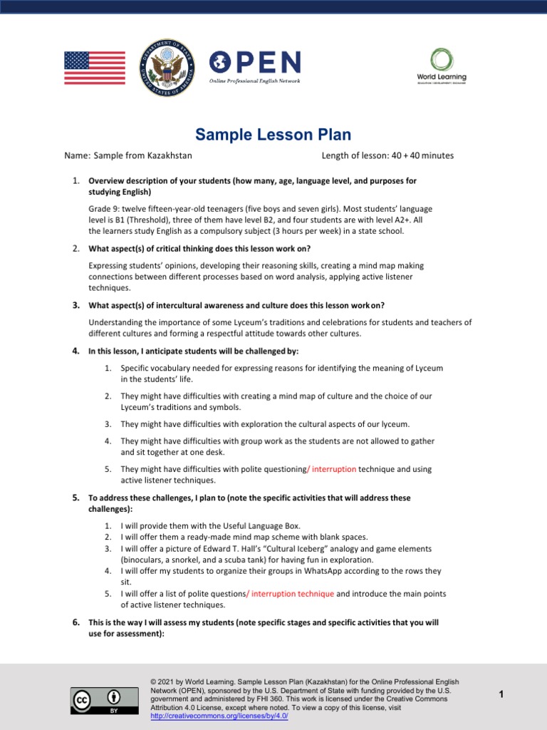 Sample Lesson Plan (Kazakhstan) Module 6 | PDF | Lesson Plan | Question