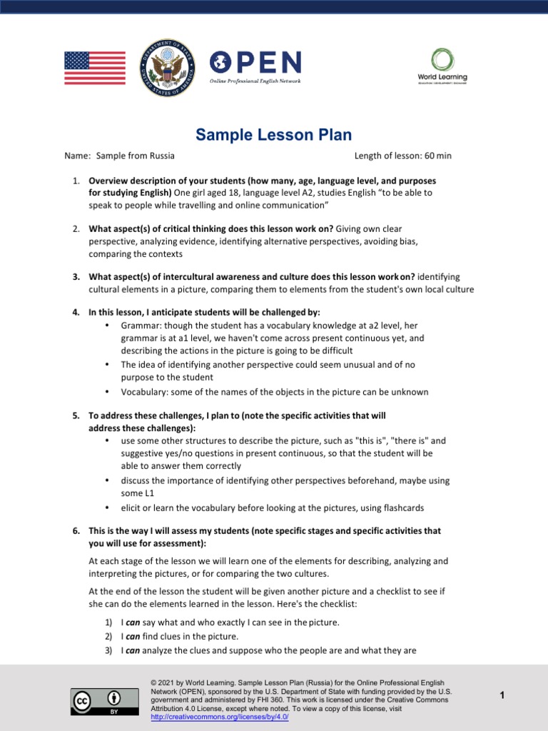 Sample English Lesson Plan for Russia | PDF | Vocabulary | Lesson Plan