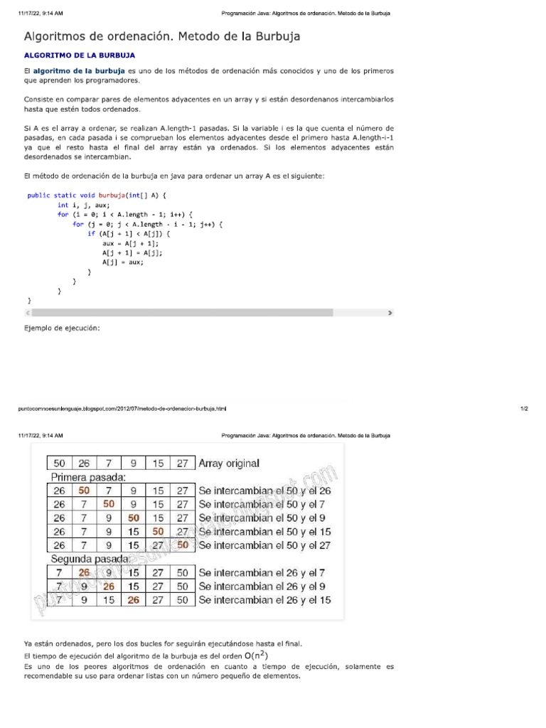 Algoritmos de Ordenación. Metodo de La Burbuja | PDF